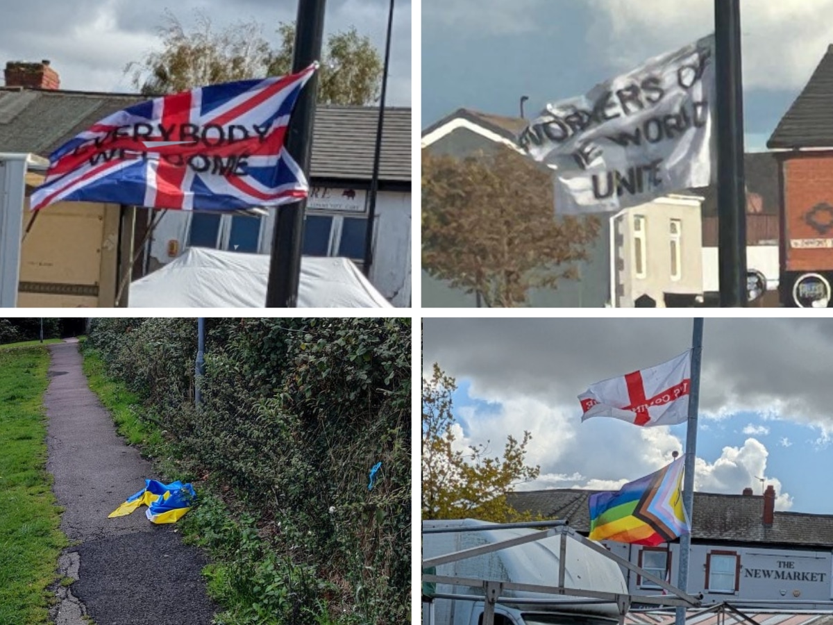 Flags with positive messages 'trampled, binned' in Merseyside town